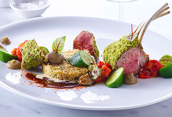 Neil Martin's roasted rack of lamb with charred eggplant puree