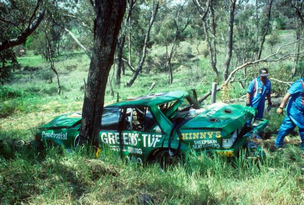 Dick Johnson's car in-situ after his enormous crash during the Hardies ...
